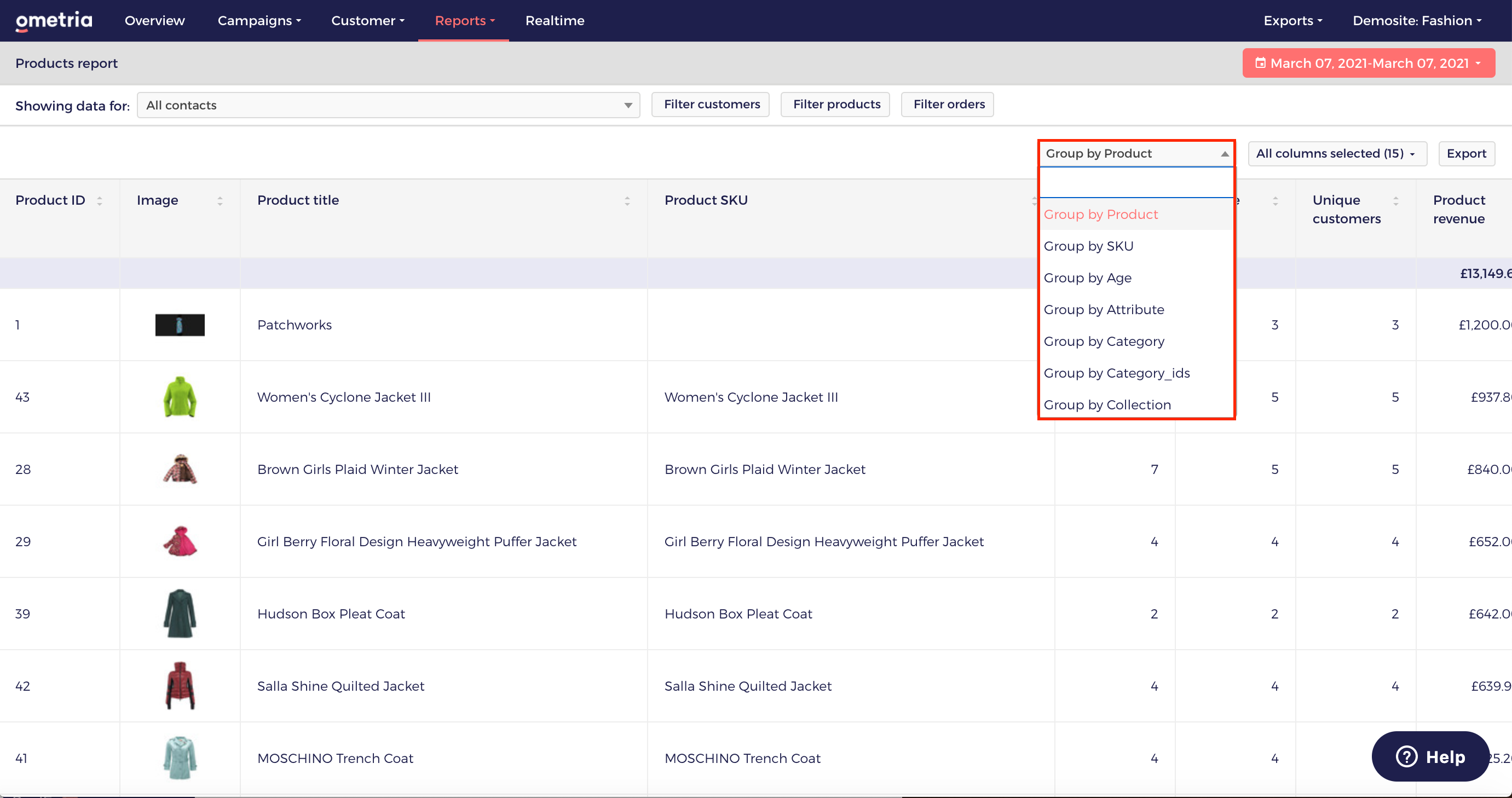 Reading the products report – Ometria Help Centre